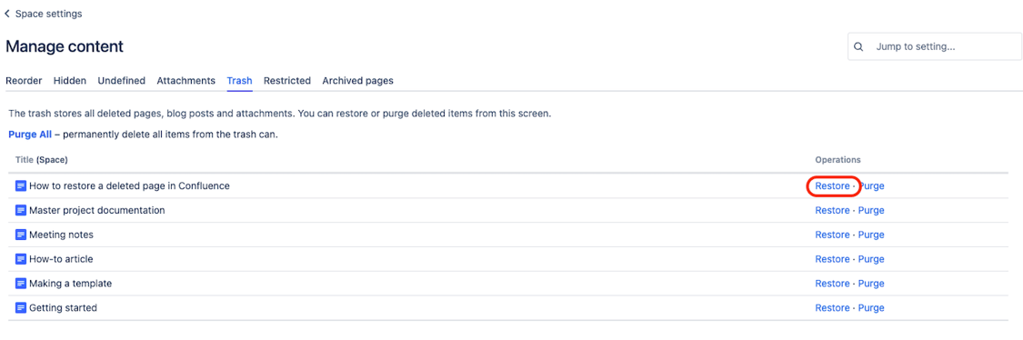 How to restore a deleted page in Confluence